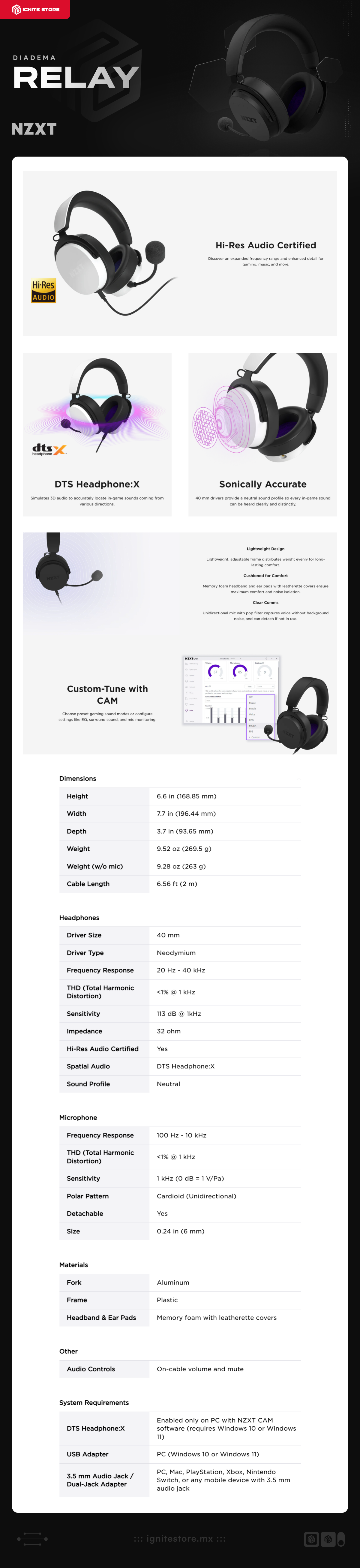 Diadema Alámbrica NZXT Relay | Micrófono Unidireccional Desmontable | Audio Hi-Res | DTS ...